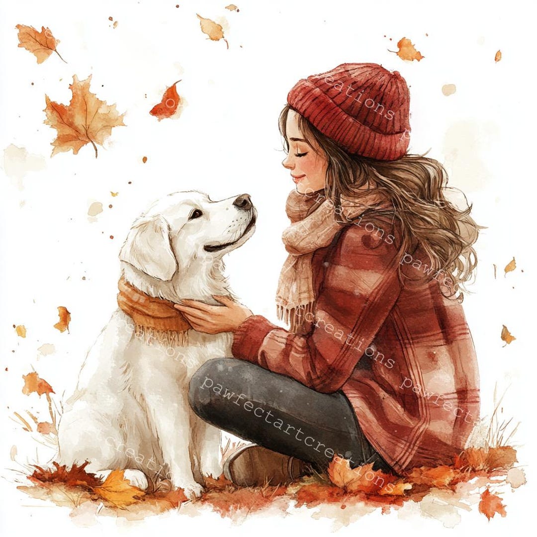 Autumn Girl and Dog Watercolor Clipart: Fall Season Art (JPG) - Etsy