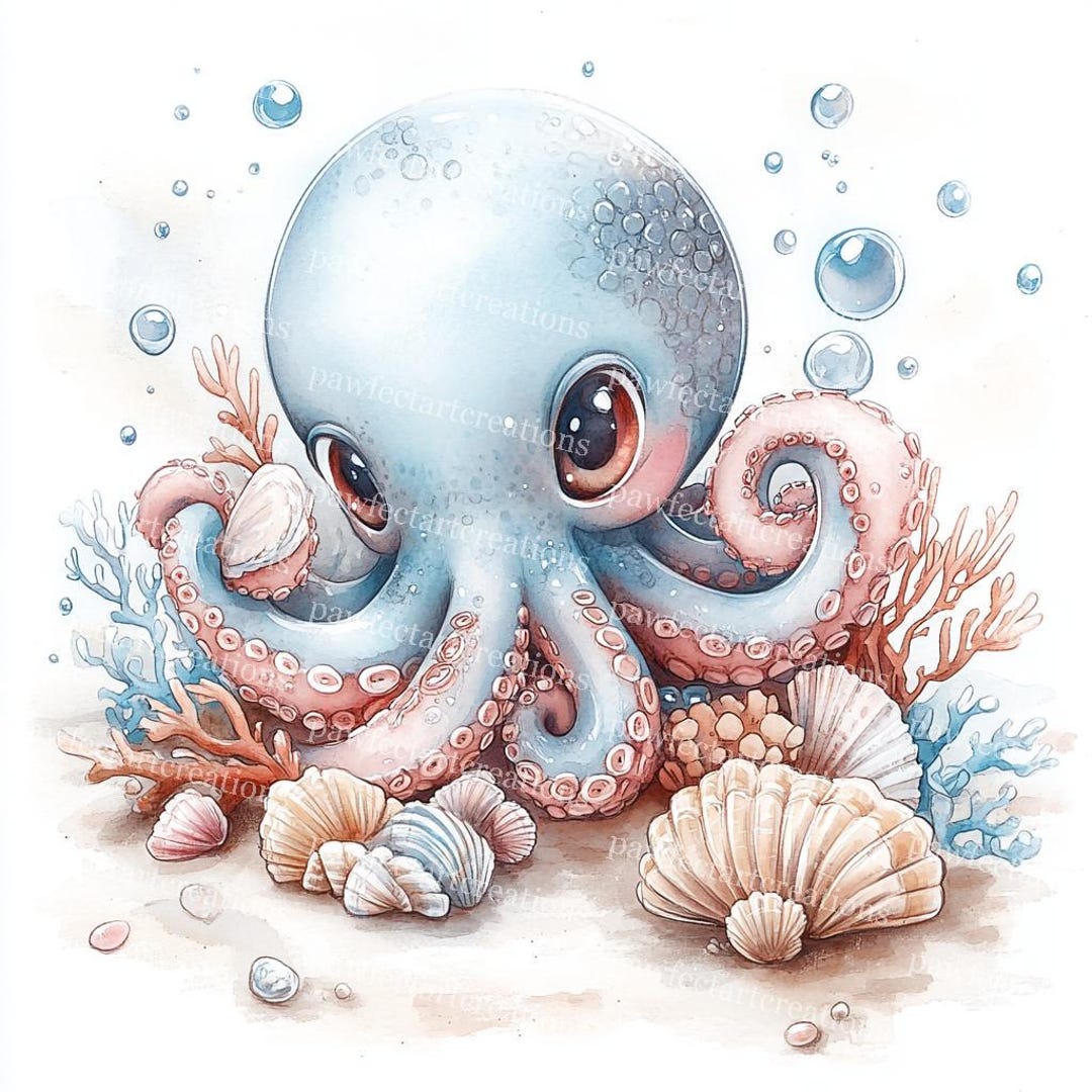 12 Cute Cartoon Octopus Clipart, Ocean Animals, Under the Sea Clipart ...