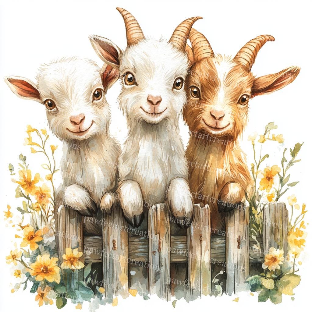 12 Cute Goats on Fence Clipart, Floral Goat, Farm Animal, Printable ...