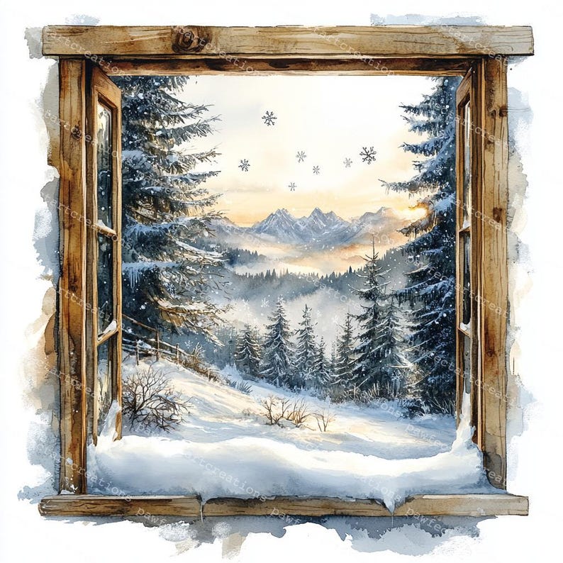 Winter Window View Clipart: Christmas Landscape Watercolor (digital ...