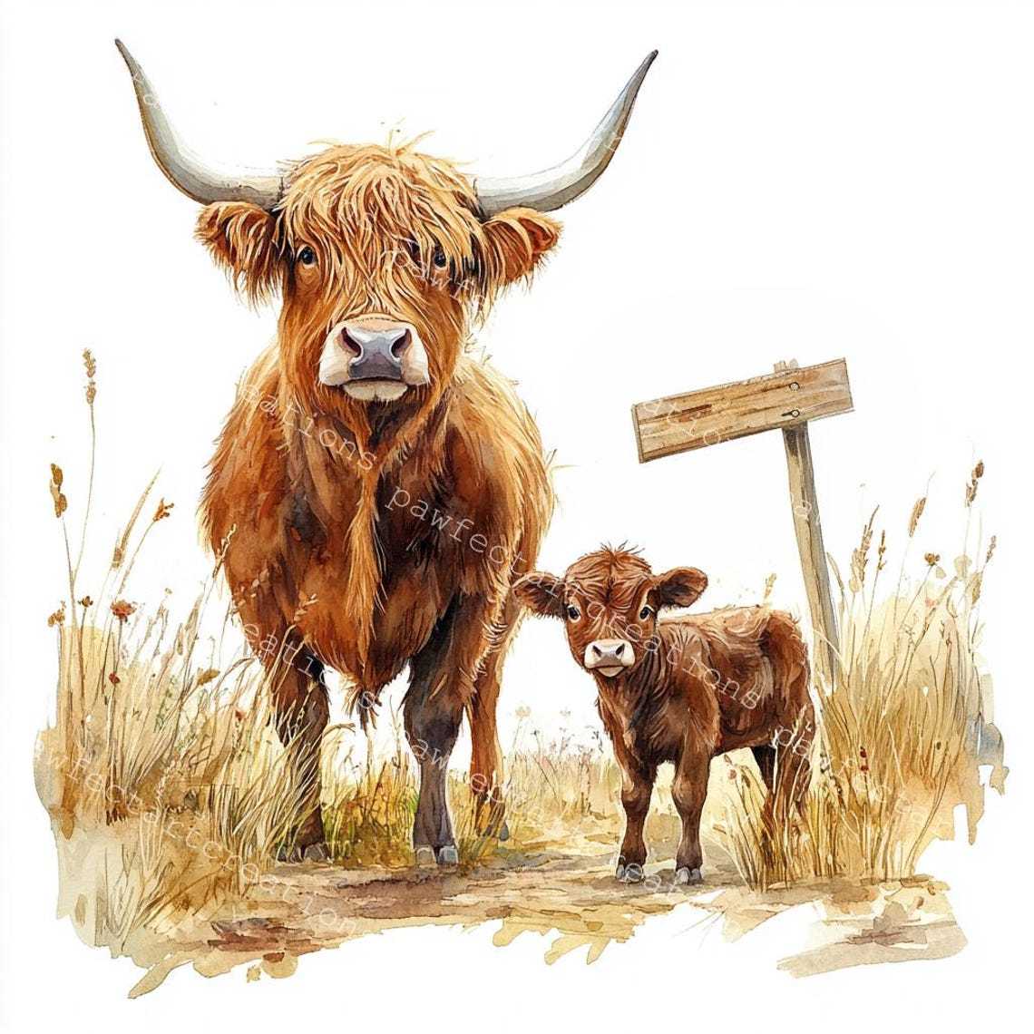 Highland Cow & Calf Watercolor Clipart: Farm Animal Jpgs (digital ...