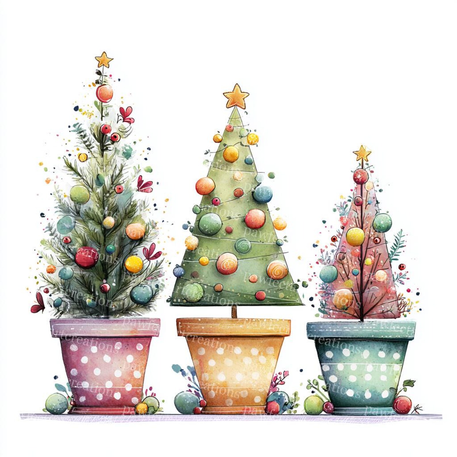 20 Whimsical Christmas Tree Clipart, Christmas Card, Printable ...