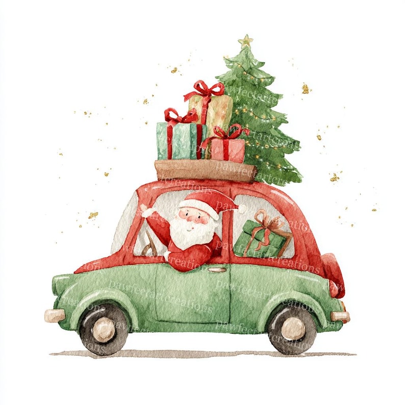 18 Christmas Car Clipart, Vintage Retro Car With Santa,cute Santa ...