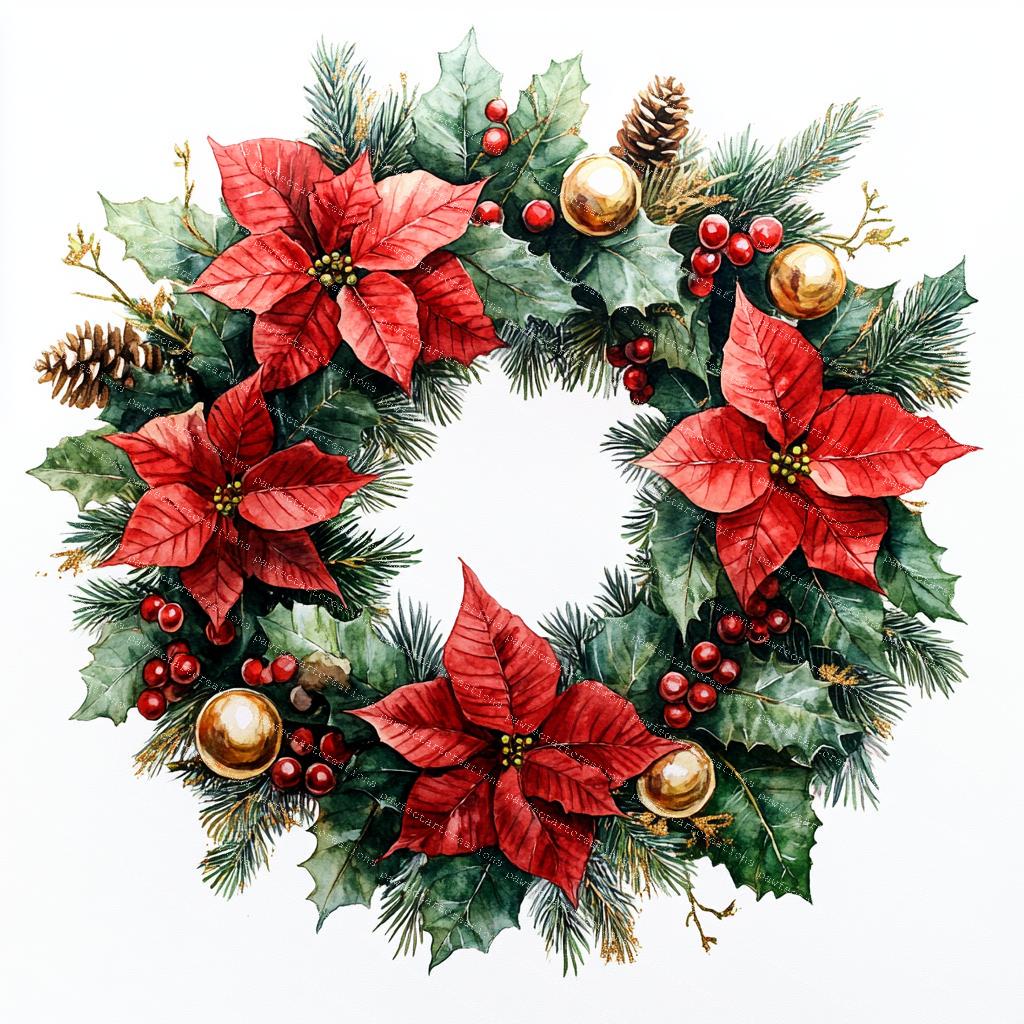 Watercolor Christmas Wreath Clipart: Holiday Papercraft (digital ...