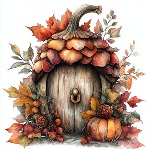 Autumn Fairy House Clipart: Watercolor Cottage Door (digital Download ...