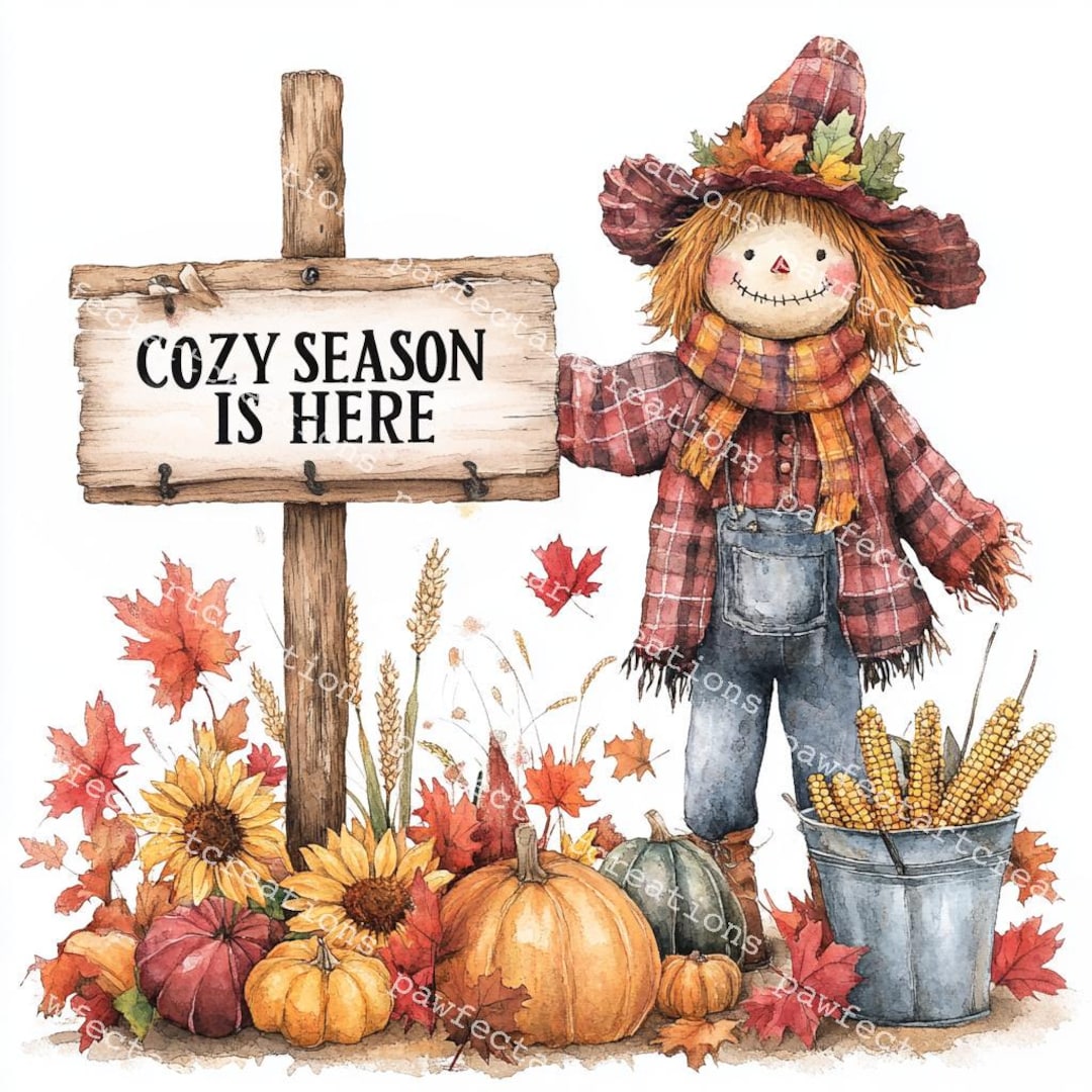 12 Autumn Scarecrow Clipart: Watercolor Fall Harvest, Junk Journal ...
