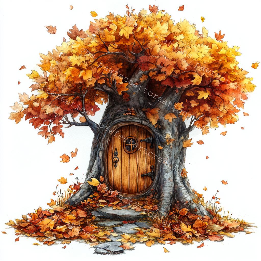Autumn Fairy House Clipart: Watercolor Cottage Door (digital Download ...