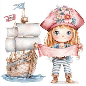 Cartoon Girl Pirate Clipart: Watercolor Pirate With Banner (digital ...