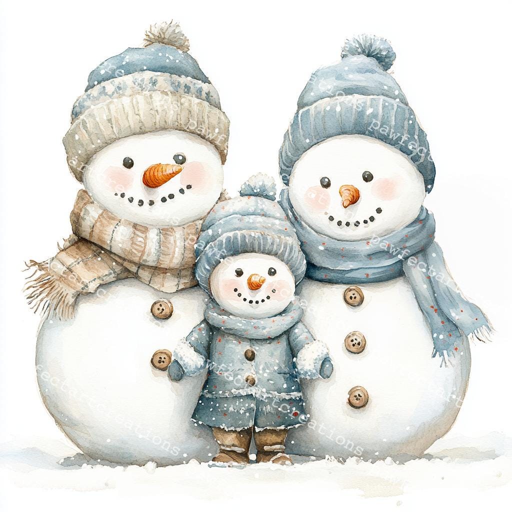 Snowman Family Watercolor Clipart: Christmas Papercraft (digital ...