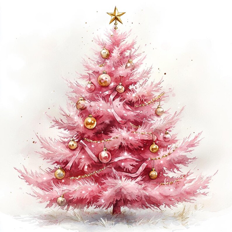 Pink Christmas Tree Clipart: Watercolor Holiday Card Making (digital ...