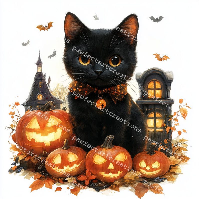 10 Halloween Black Cat Clipart, Cute Cat, Halloween Pumpkin, Printable ...