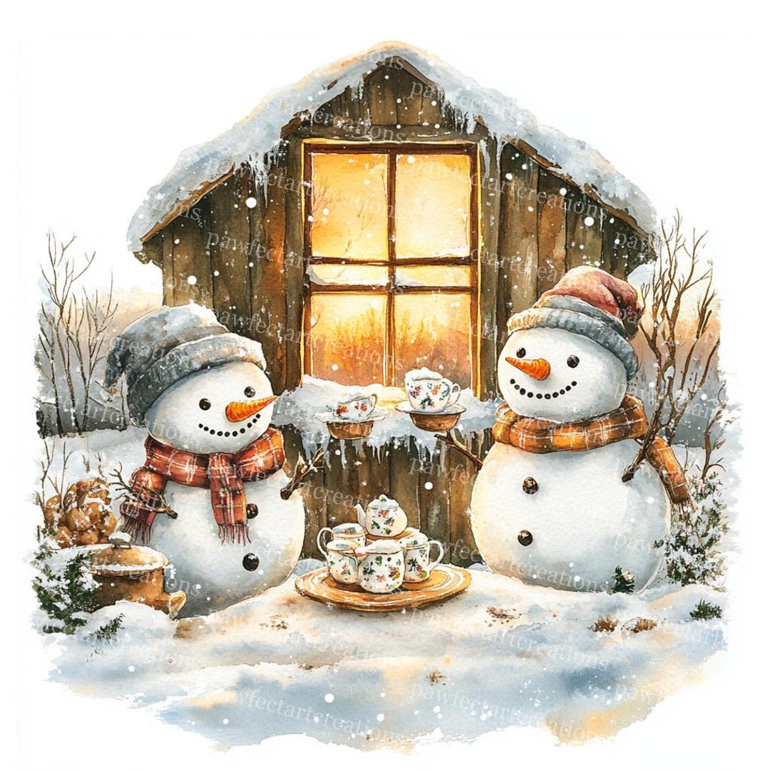 Snowman Tea Party Clipart: Winter Watercolor Jpgs (digital Download) - Etsy