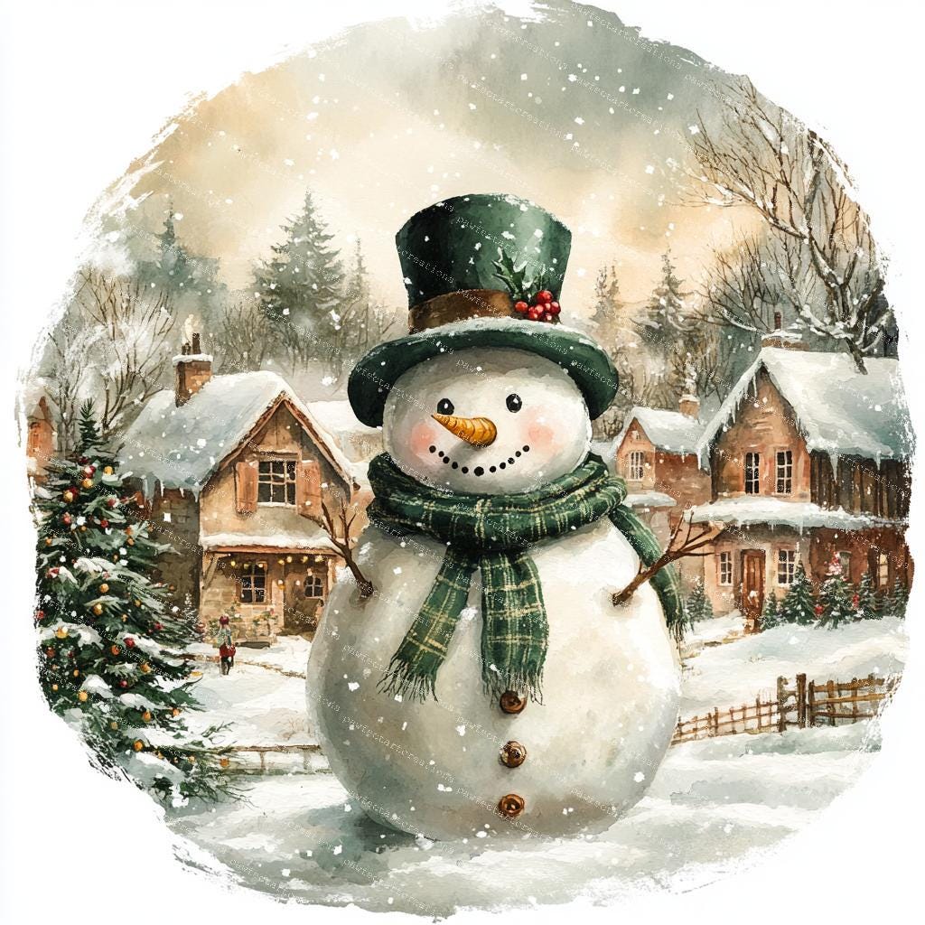 Vintage Christmas Snowman Clipart: Retro Watercolor Jpgs (digital ...
