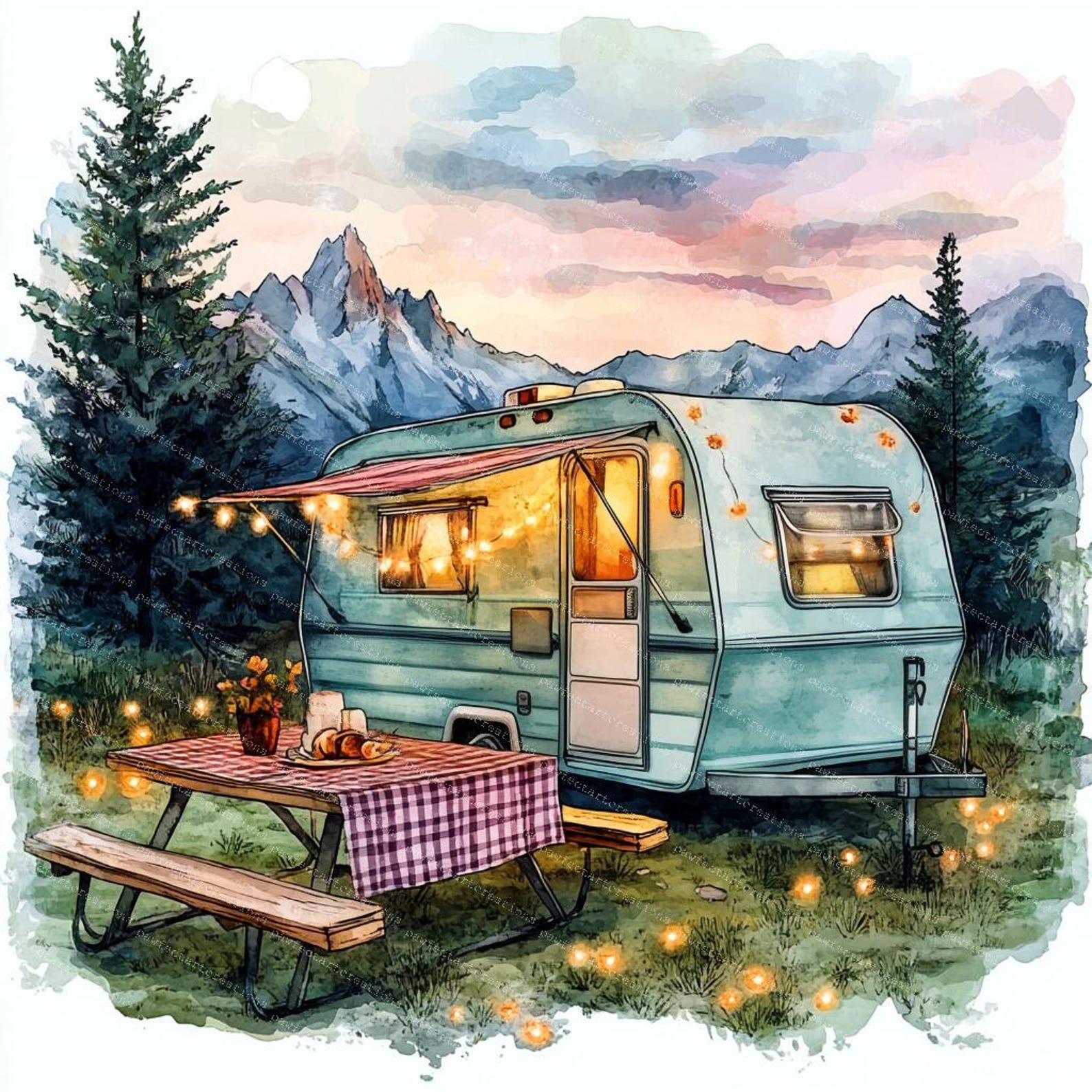 Retro Camping Trailer Clipart: Watercolor Style (digital Download) - Etsy