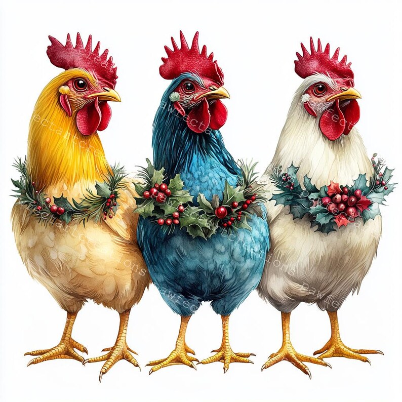10 Funny Christmas Chicken Clipart: Watercolor Farm Animals (digital ...