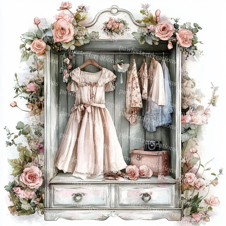 Shabby Chic Armoire Clipart: Vintage Floral Wardrobe (digital Download ...