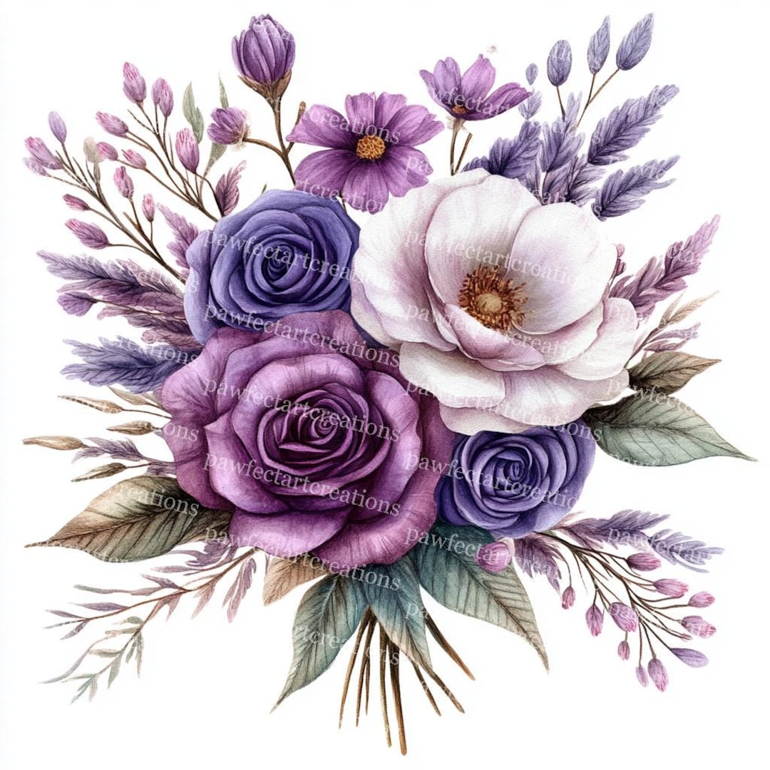 Purple Flower Bouquet Clipart: Watercolor Floral Set (digital Download ...