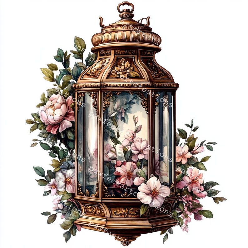 15 Antique Cottagecore Lantern Clipart: Watercolor Floral Design ...