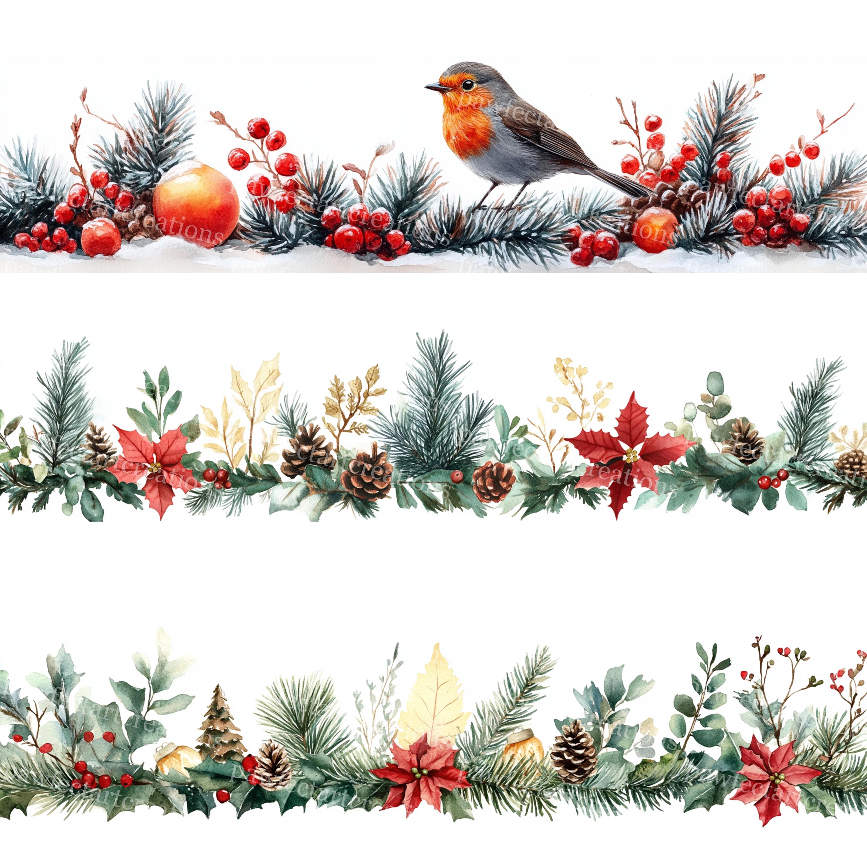 Christmas Garland Borders Clipart: Watercolor Card Design (digital ...