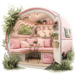 10 Pink Cozy Camping Trailer Clipart, Retro Camping Trailer, Printable ...