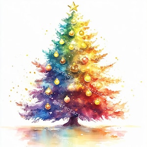 12 Rainbow Christmas Tree Clipart, Christmas Card, Printable Watercolor ...