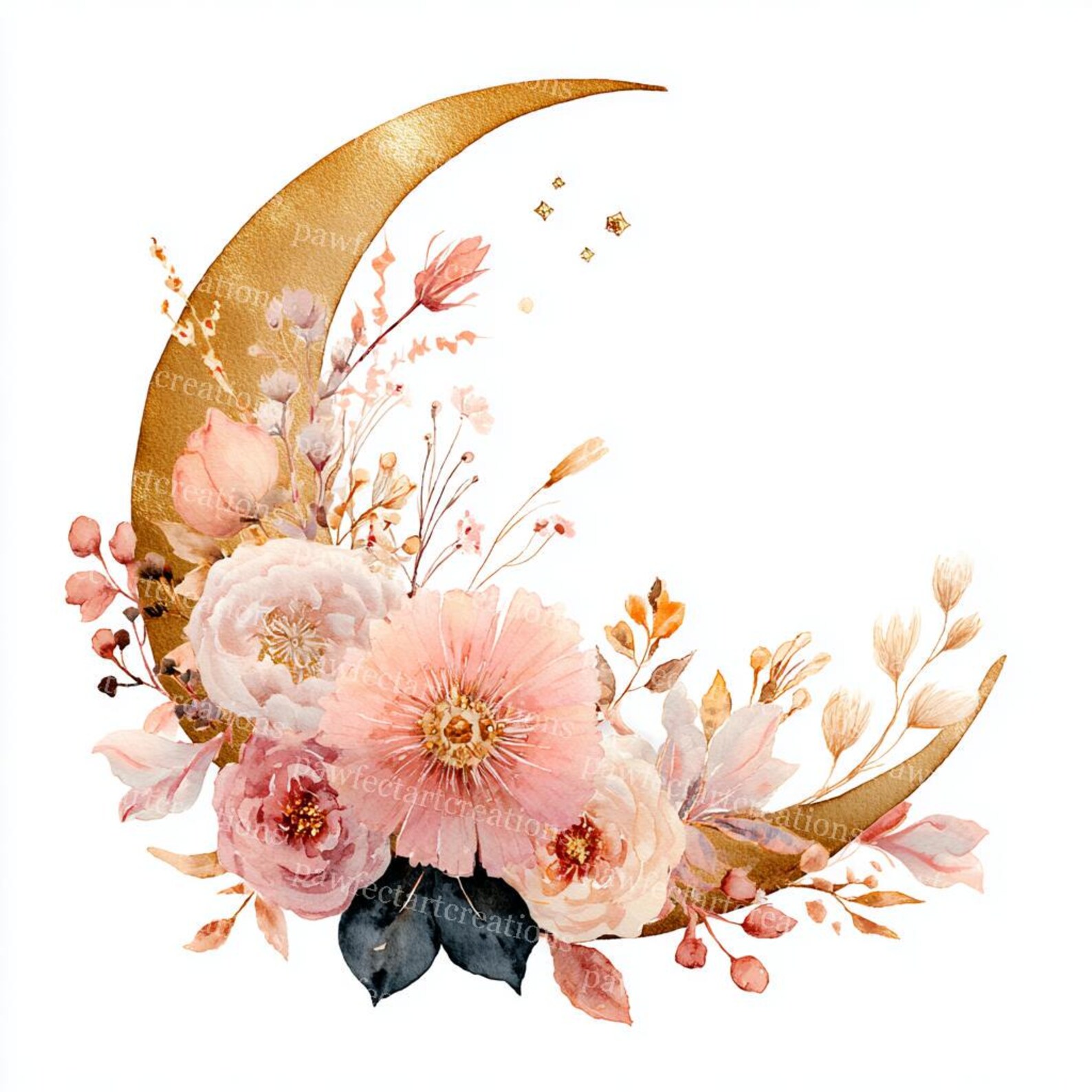 23 Boho Floral Moon Clipart, Moon Crescent,moon Wall Art, Printable ...