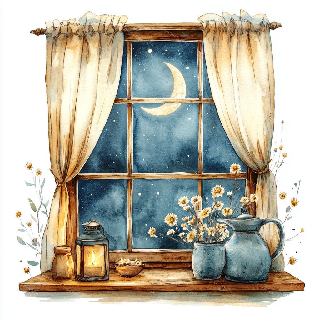Moonlit Window Watercolor Clipart: Night Sky Landscape (digital ...