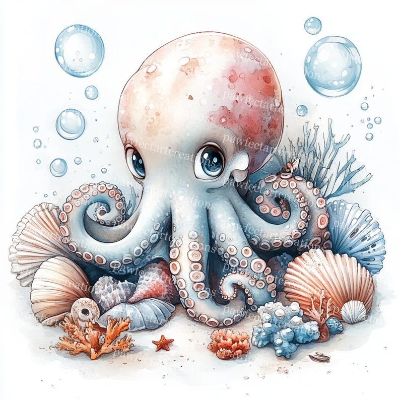 12 Cute Cartoon Octopus Clipart, Ocean Animals, Under the Sea Clipart ...