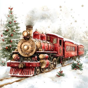 Vintage Christmas Train Clipart: Watercolor Locomotive Art (digital ...