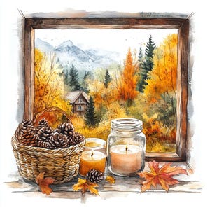 Autumn Window View Clipart: Fall Landscape Watercolor (digital Download ...