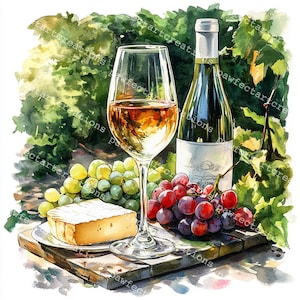 12 Wine and Cheese Clipart, Wine Glass Clipart, Printable Watercolor ...