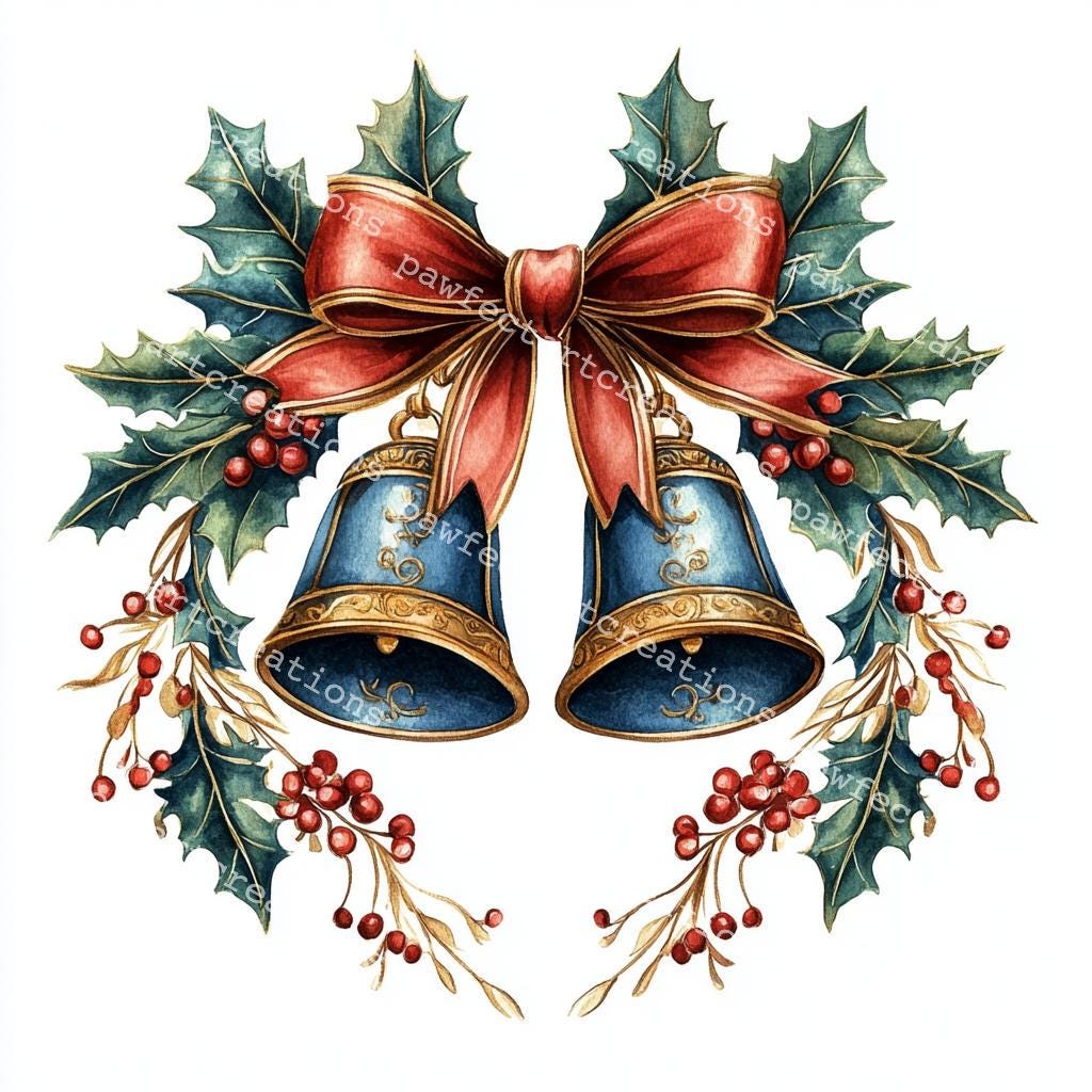 Christmas Bell Clipart: Golden Watercolor Jingle Bells (digital ...