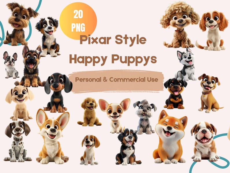Pixar Style Dog Clipart, Dog PNG Bundle, Happy Puppy Clipart, Cute Dog ...