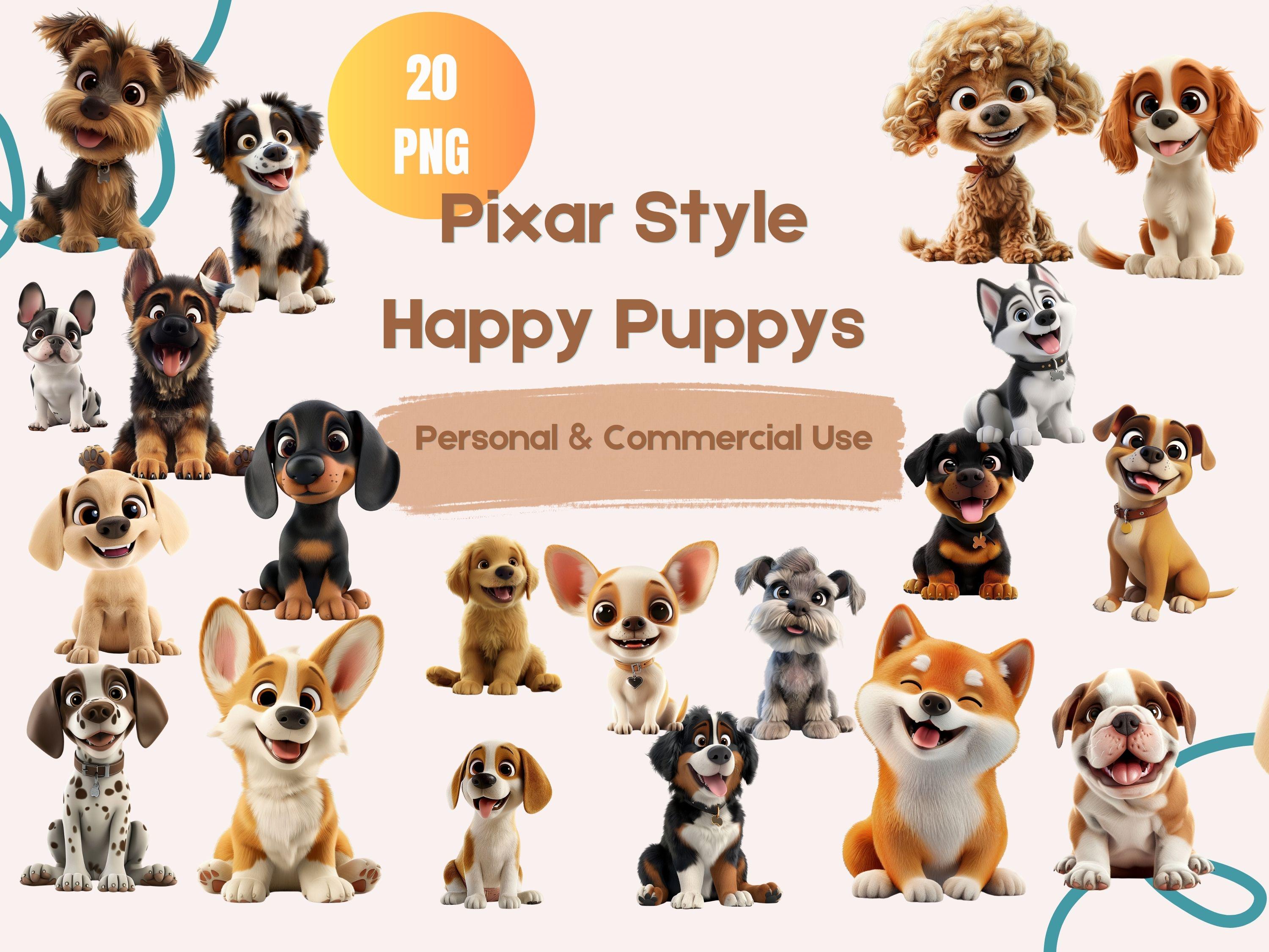 Pixar Style Dog Clipart, Dog PNG Bundle, Happy Puppy Clipart, Cute Dog ...