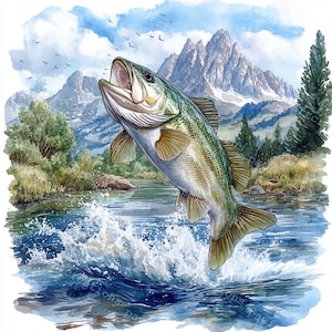 12 Jumping Bass Clipart, Fish Clipart, Smallmouth Bass Fish, Printable ...