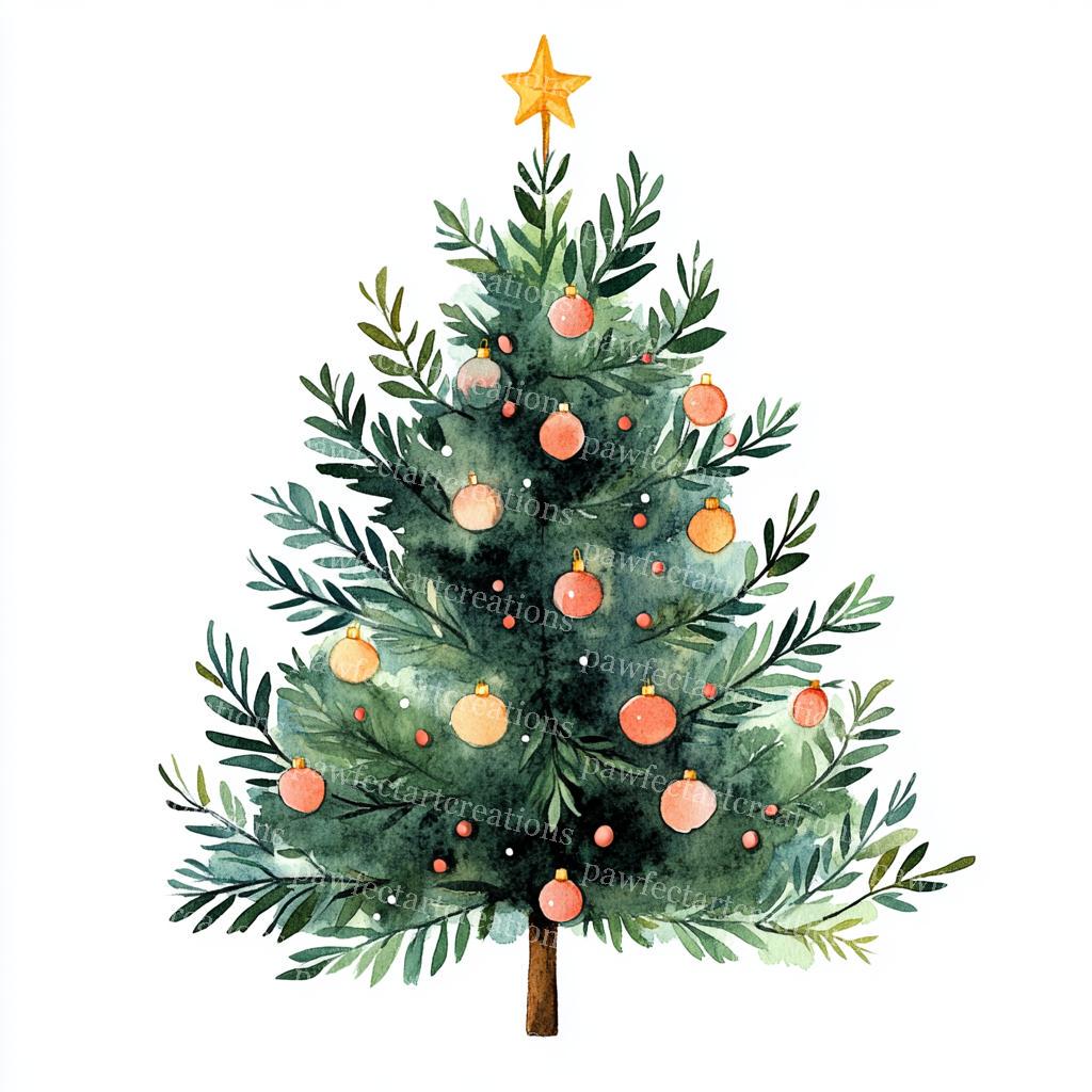 Watercolor Christmas Tree Clipart: Minimalist Holiday Card (digital ...