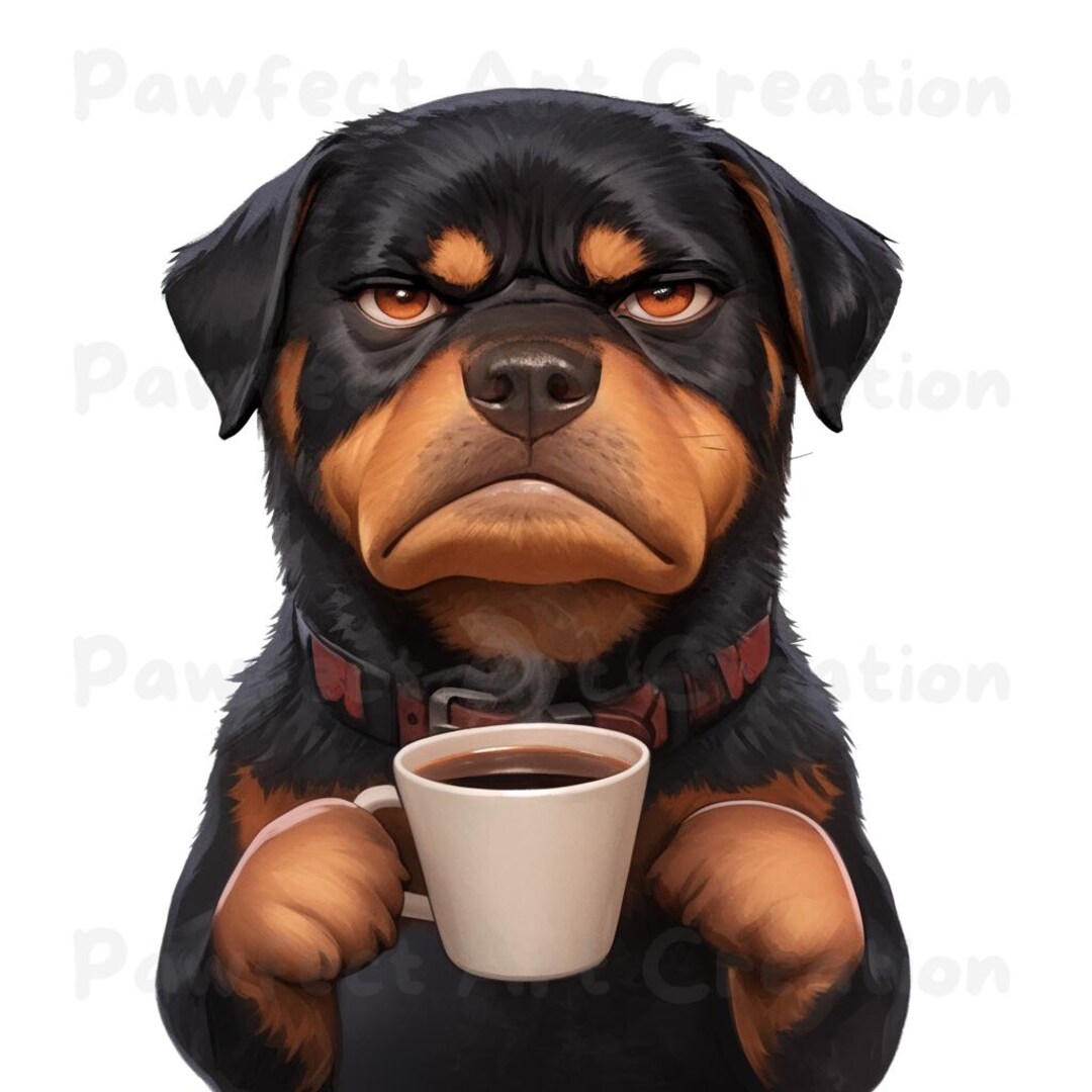 Grumpy Rottweiler With Coffee Watercolor Clipart (PNG Digital Download ...