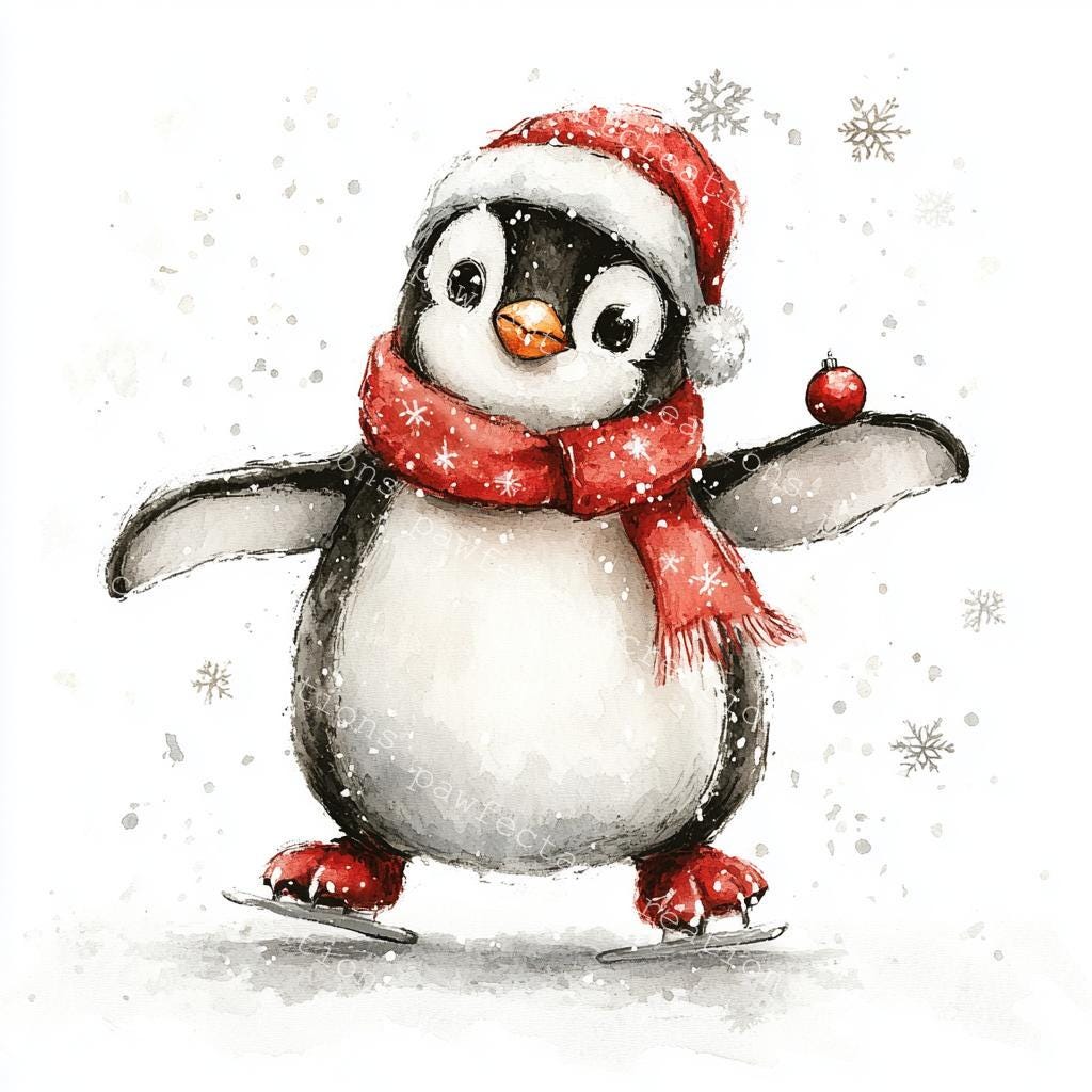 10 Christmas Penguin Clipart: Watercolor Baby Penguins (digital ...