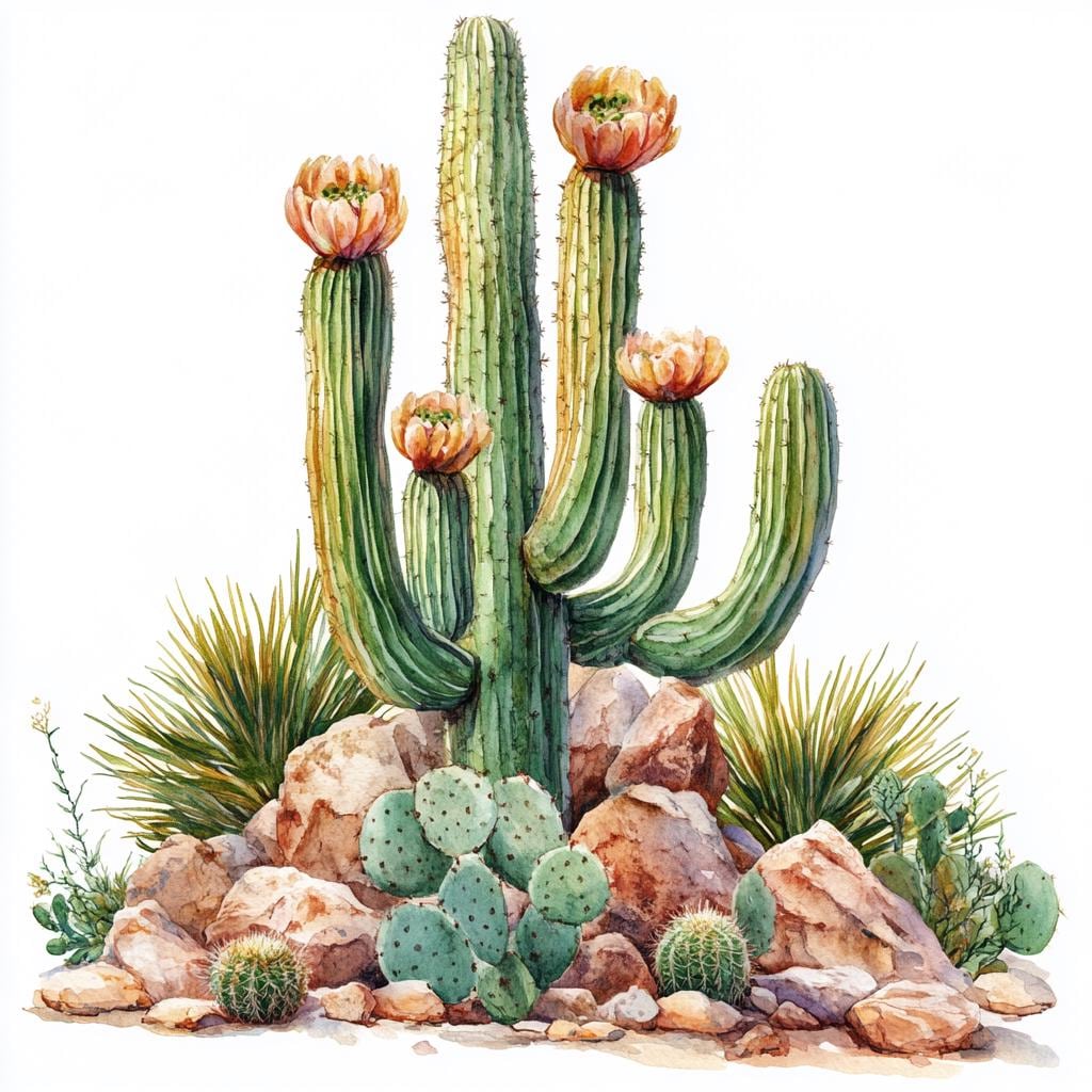 Watercolor Cactus Clipart Set: Blooming Desert Plants (digital Download ...