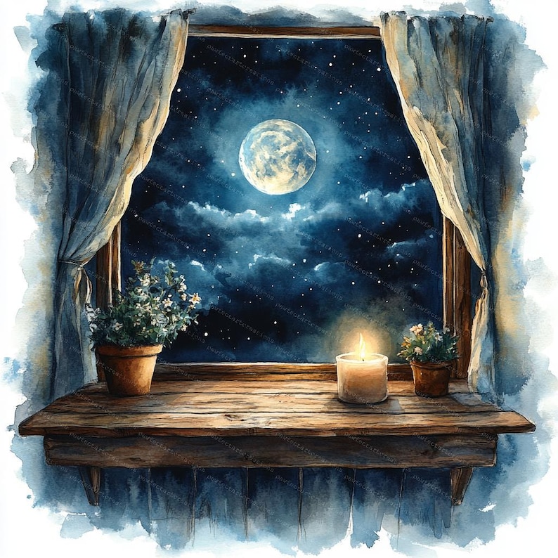 Moonlit Window Watercolor Clipart: Night Sky Landscape (digital ...