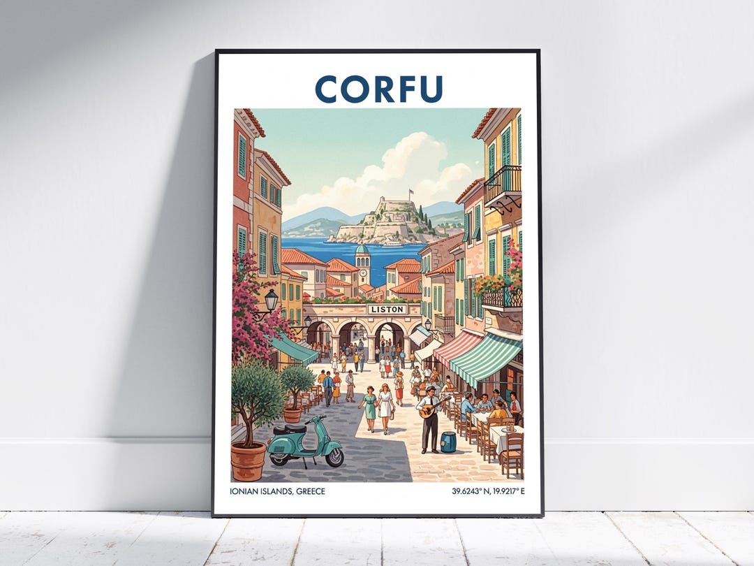 Corfu Liston Square Travel Poster – Vintage Greek Wall Art Print for ...