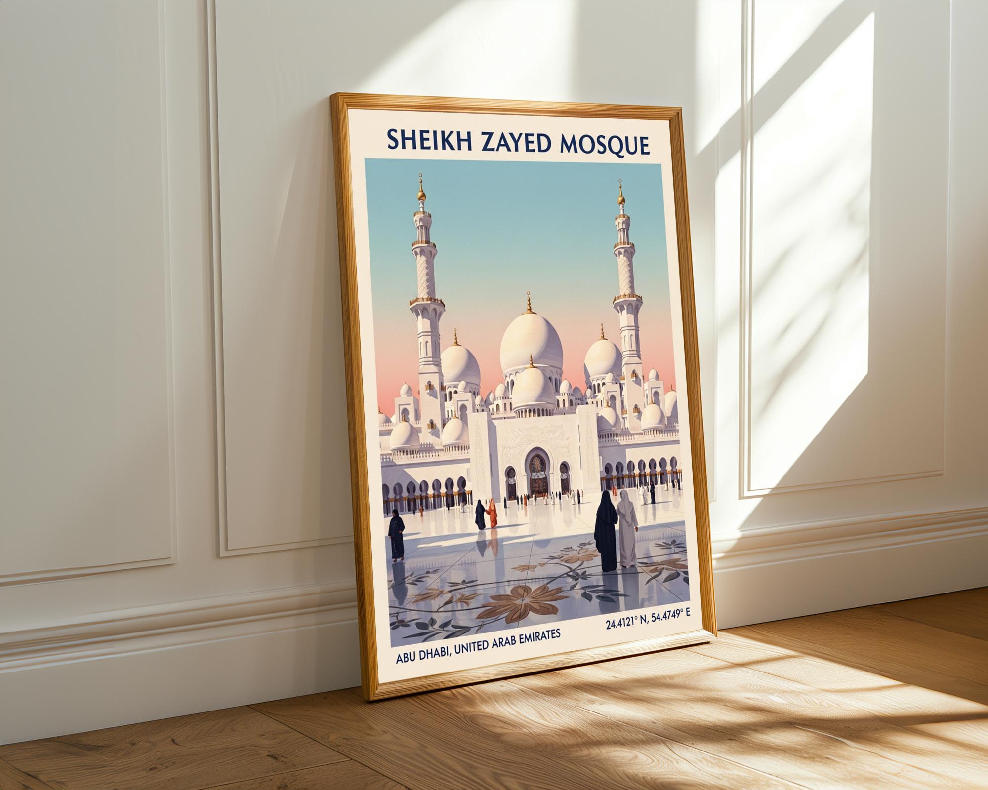 Sheikh Zayed UAE Mosque Travel Poster – Vintage UAE Wall Art Print ...