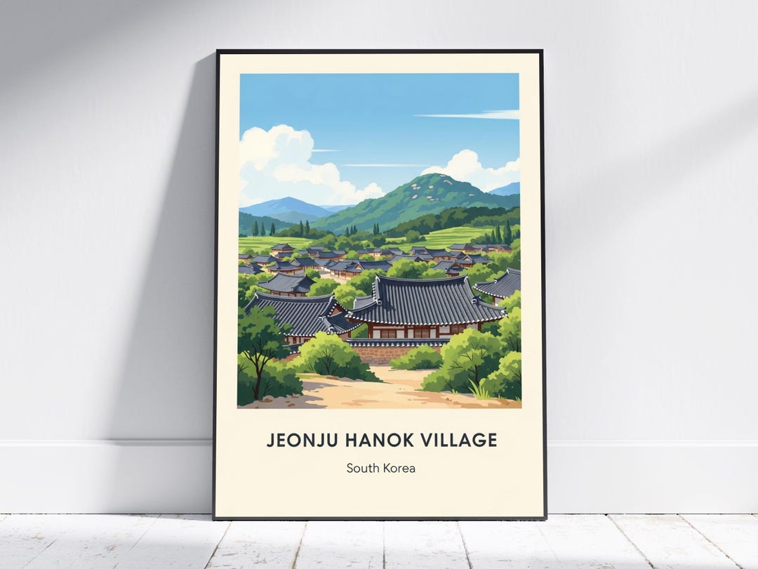 Jeonju Hanok Village Poster – Green and Blue Landscape Art | Korean ...