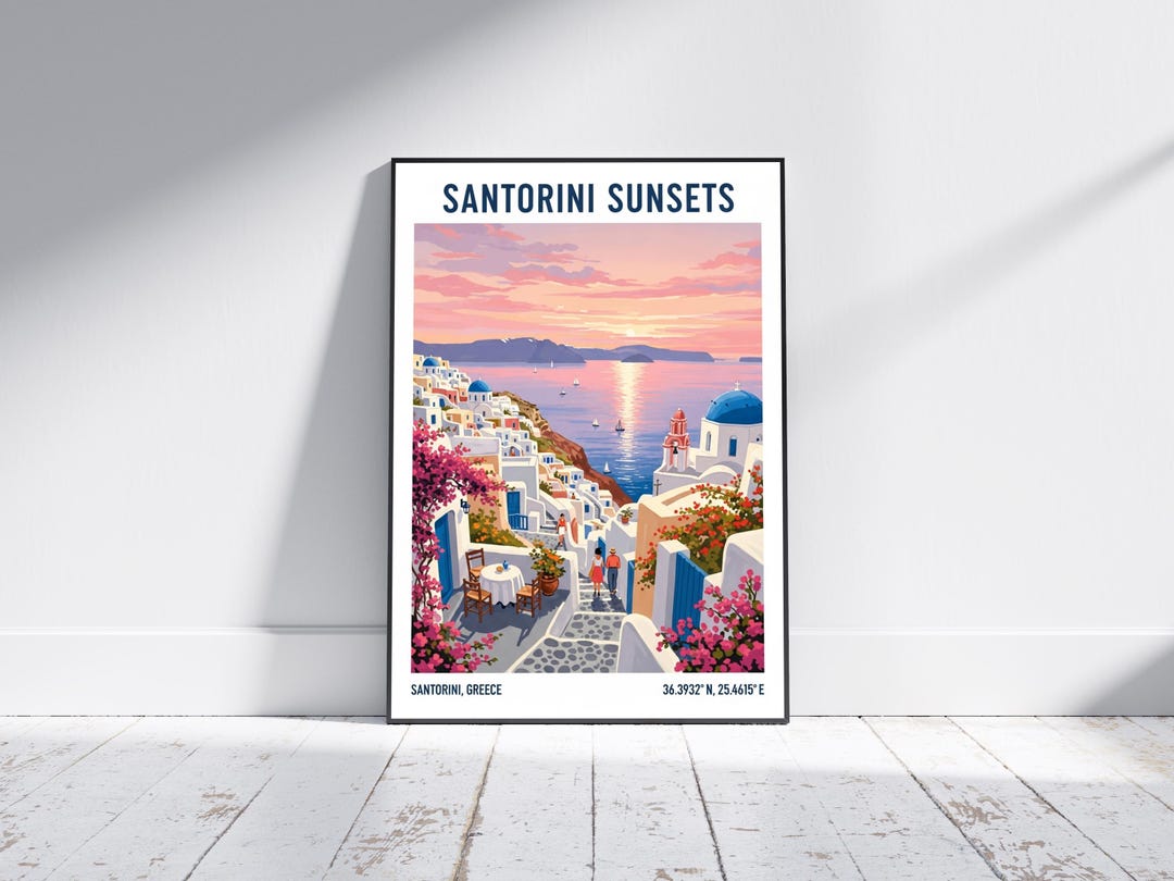Santorini Sunsets Travel Poster – Vintage Art Print, Modern Wall Decor ...