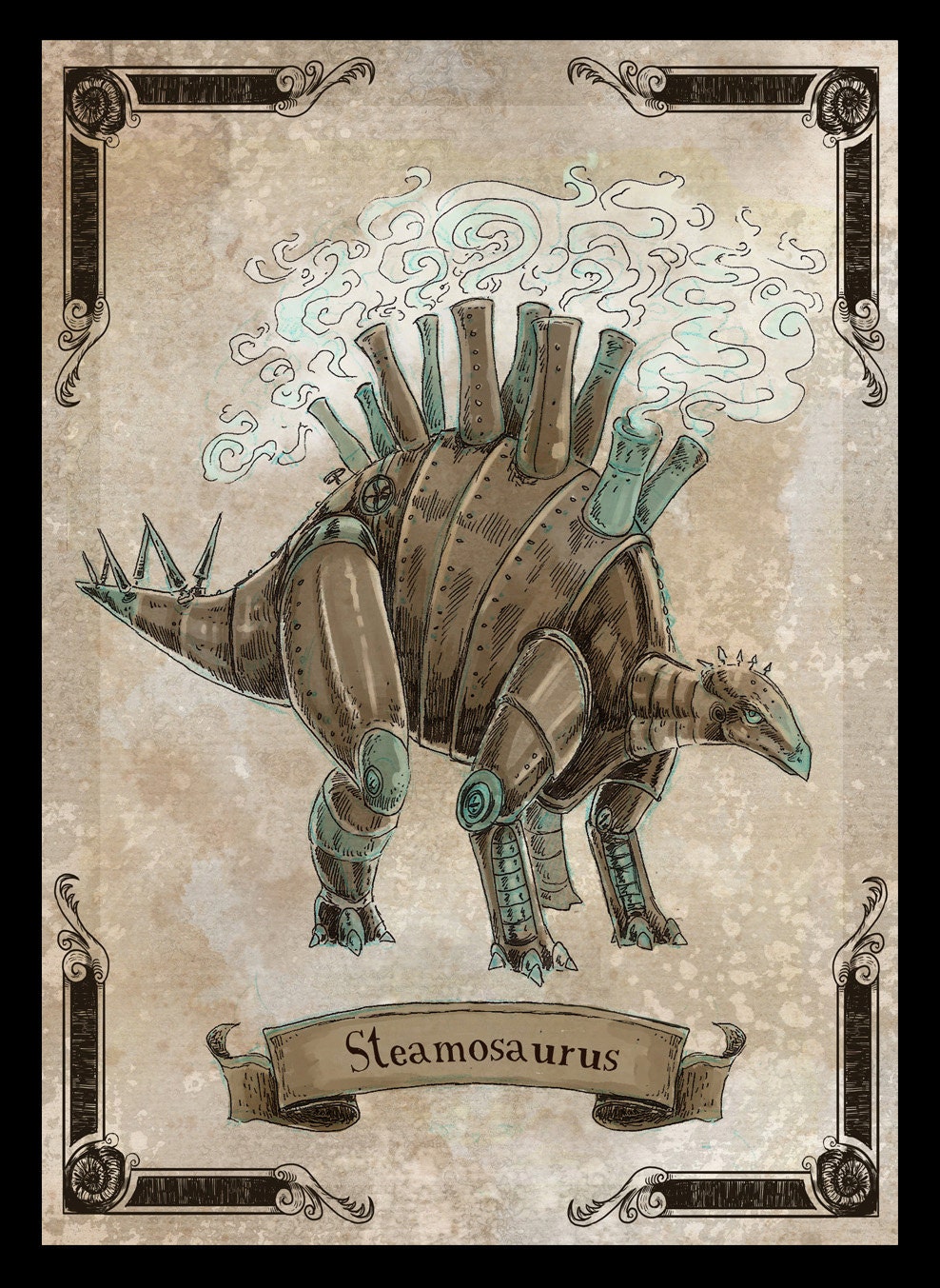 Steamosaurus 5x7 steampunk dinosaur art print | Etsy