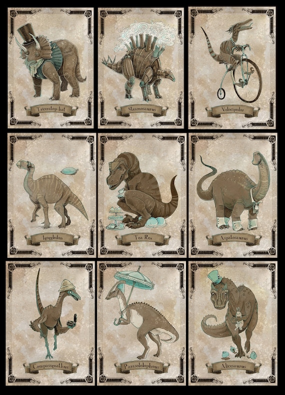 SteamPUNk Dinosaur set of NINE small prints | Etsy