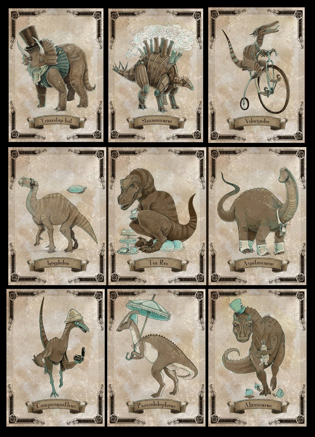 Steampunk Dinosaur Set of NINE Small Prints - Etsy UK