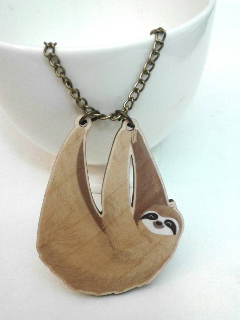 Cute Hanging Sloth Laser Cut Wood Charm Necklace - Etsy