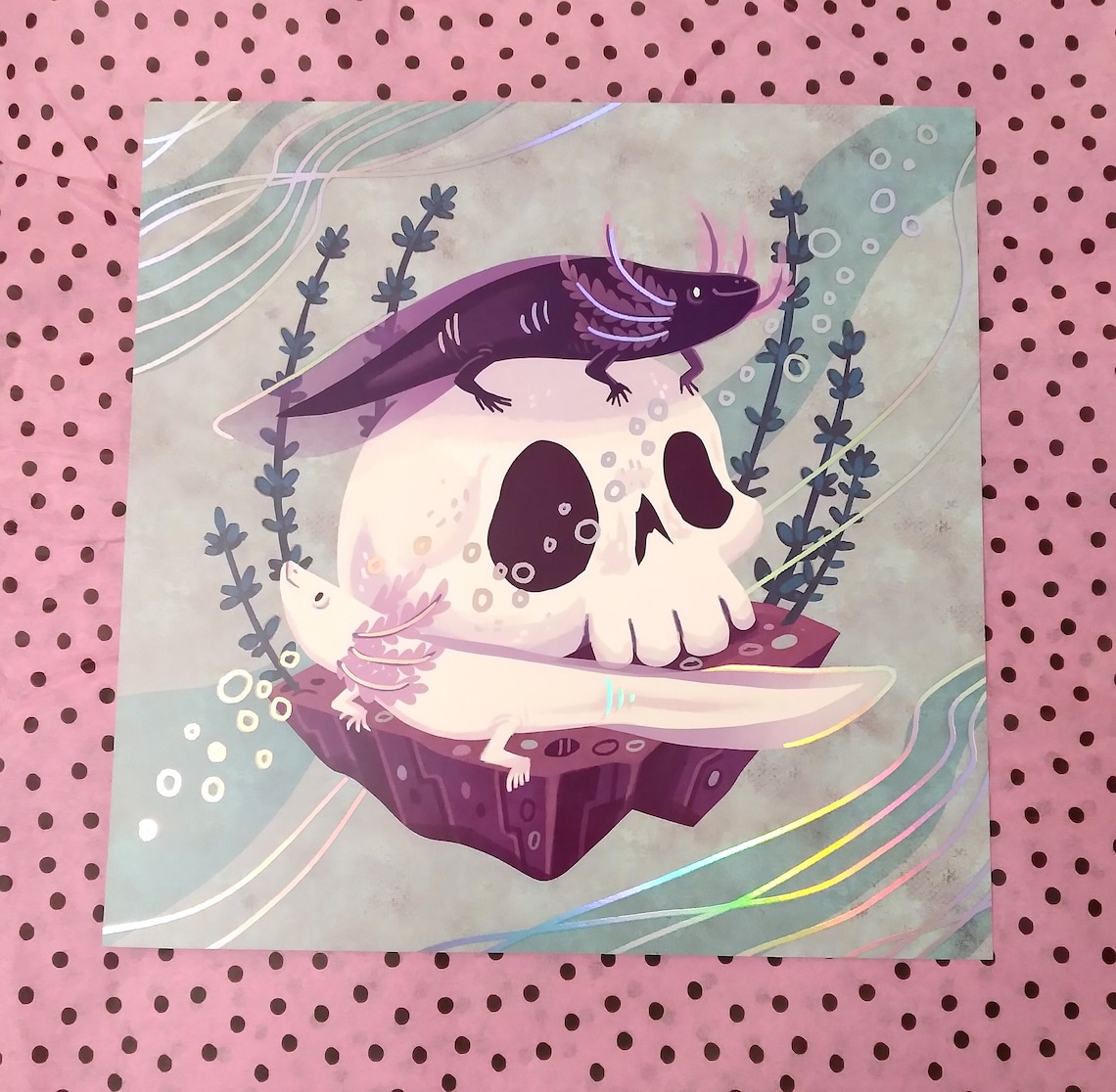 Axolotl Skull Square 8x8 Art Print With Iridescent Rainbow | Etsy