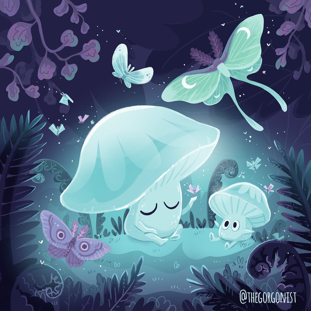 Night Lights Moths and Toadstools Mushroom 8x8 Inch Square Art Print - Etsy